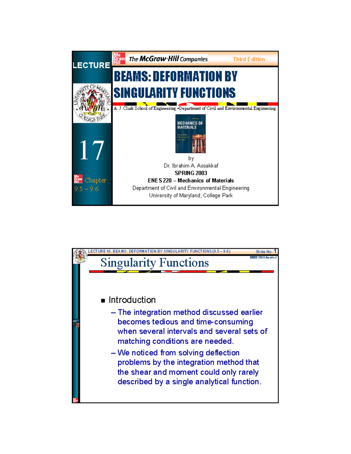 LECTURE 16: BEAMS - DEFORMATION & SINGULARITY FUNCTIONS (9.5, 9.6) ENES ...