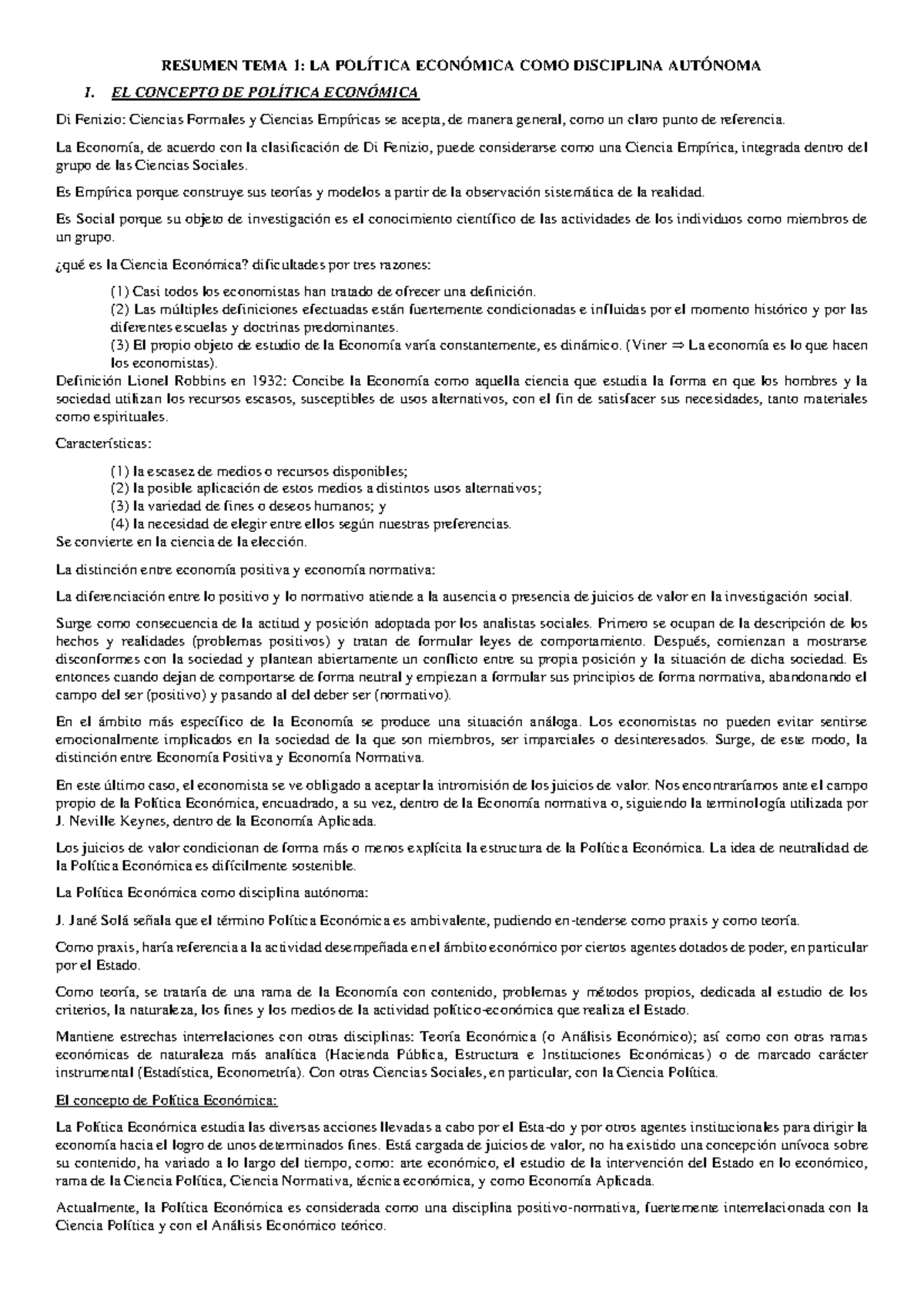 Resumen Tema 1: La Política Económica como Disciplina Autónoma - Studocu