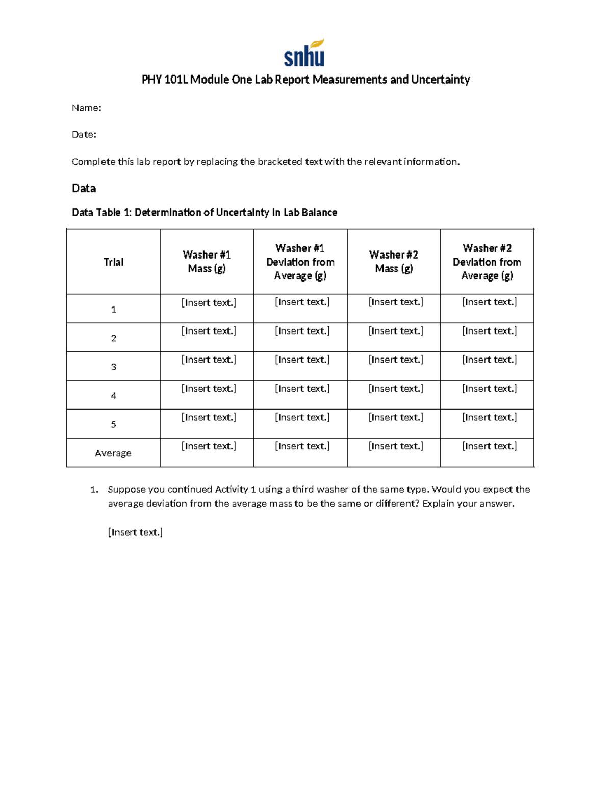 PHY 101L Module One Lab Report Measurements and Uncertainty - PHY 101L Module One Lab Report ...