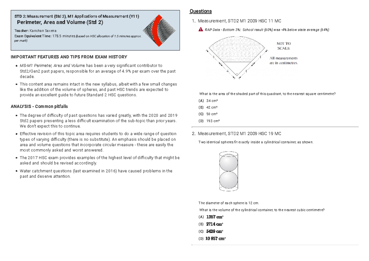 STD2 M1 HSC Questions on Perimeter, Area, & Volume Study Guide - Studocu