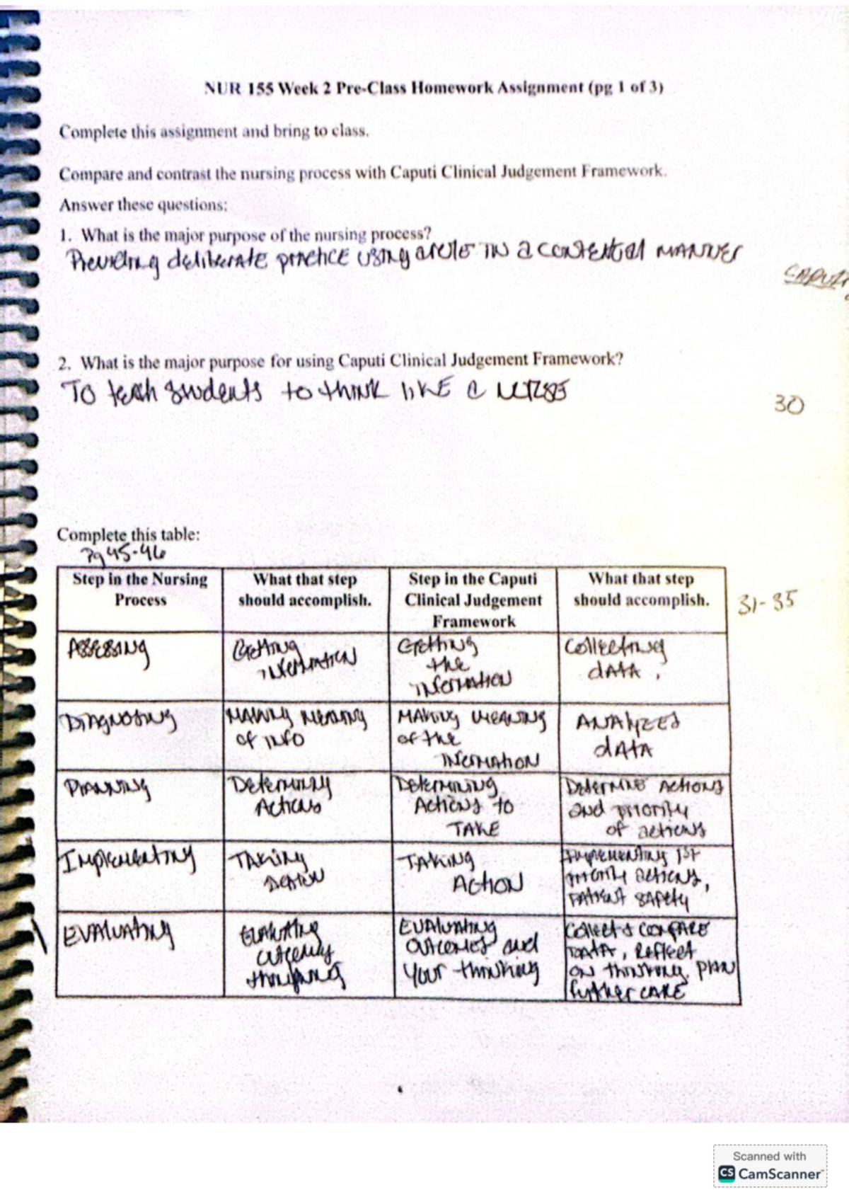 NUR 155 Week 2 - Critical Thinking Workbook on Nursing Process & Caputi ...