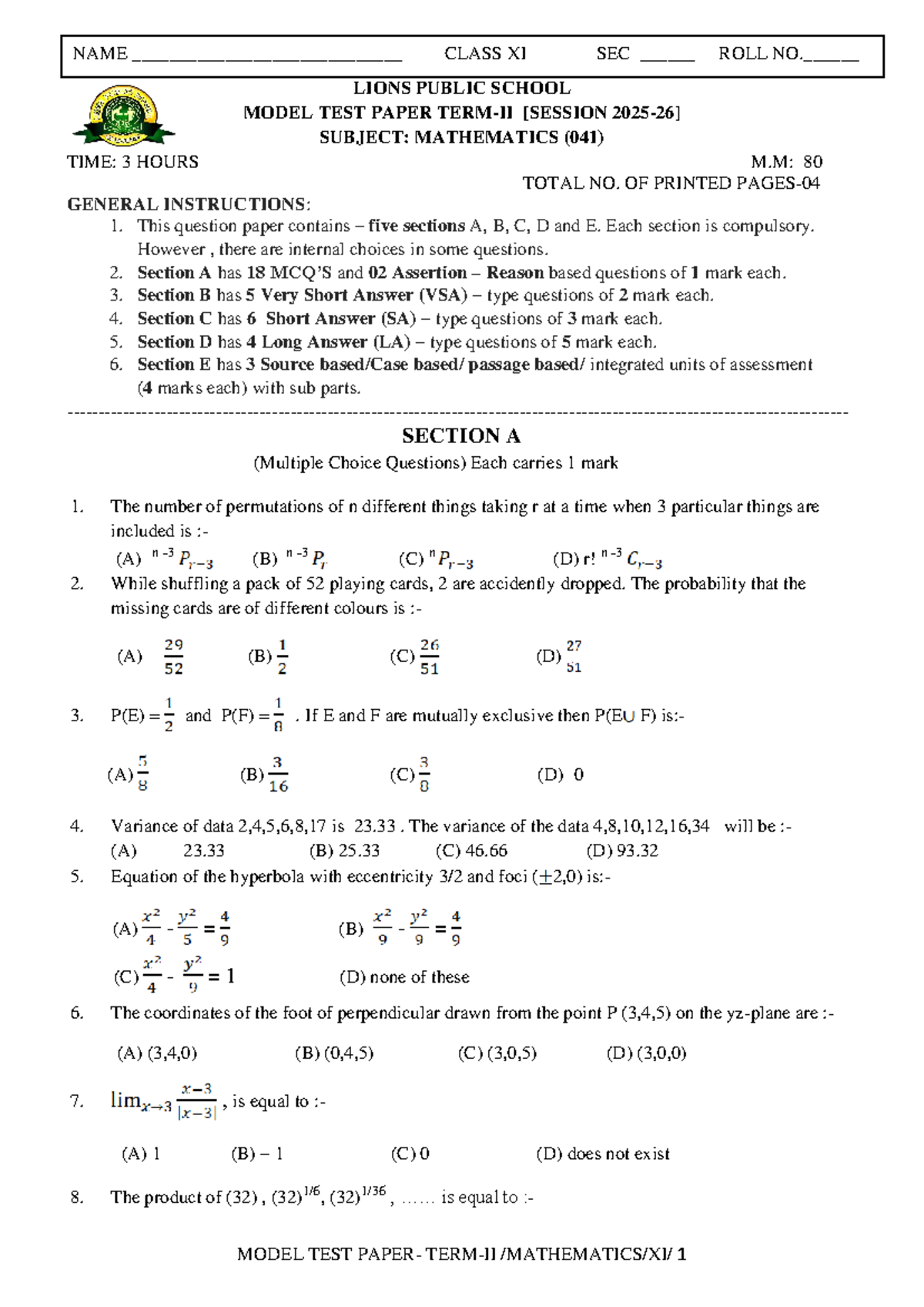 MTP-T2-Mathematics Class XI Model Test Paper (041) - Studocu