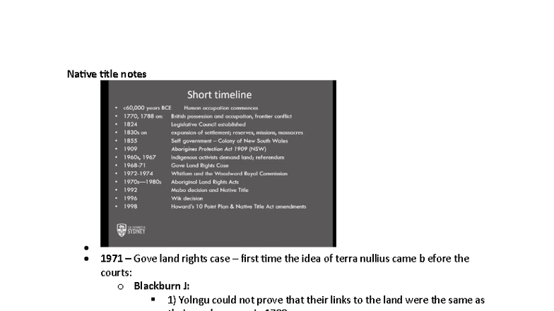 Native Title Notes: Gove Land Rights Case & Legal Implications - Studocu