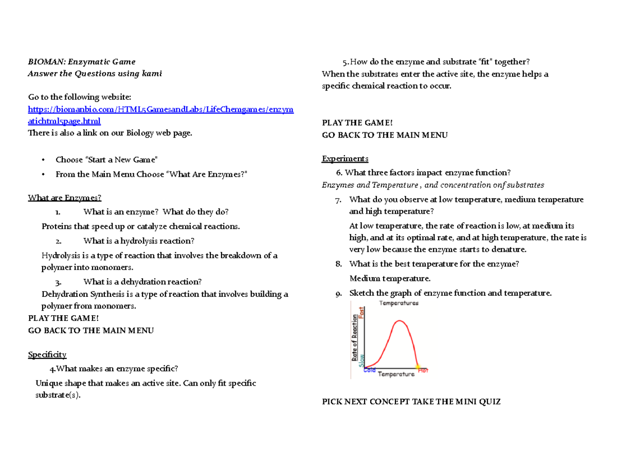 BIOMAN: Enzymatic Game Study Guide and Questions - Studocu