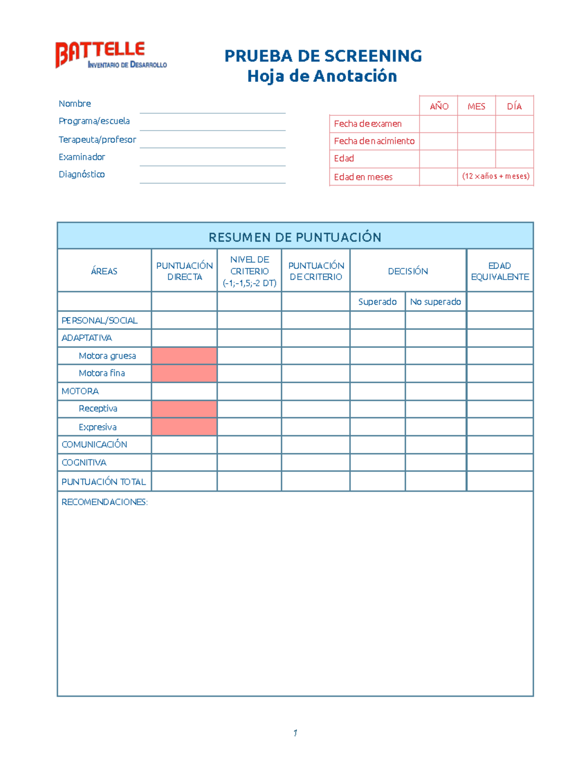 Cuadernillo Battelle: PRUEBA DE SCREENING y Anotaciones - Studocu