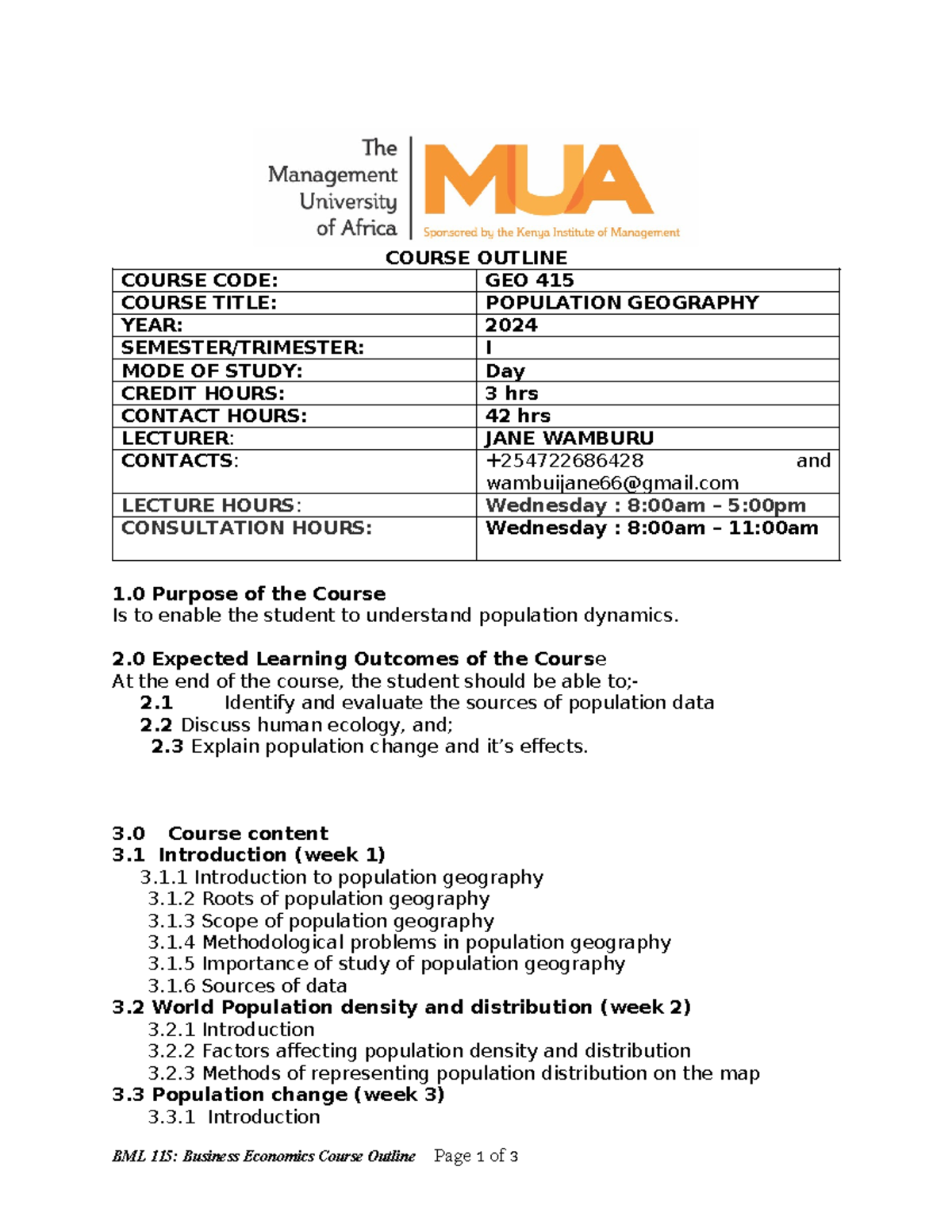 Pop outline - course outine - COURSE OUTLINE COURSE CODE: GEO 415 ...