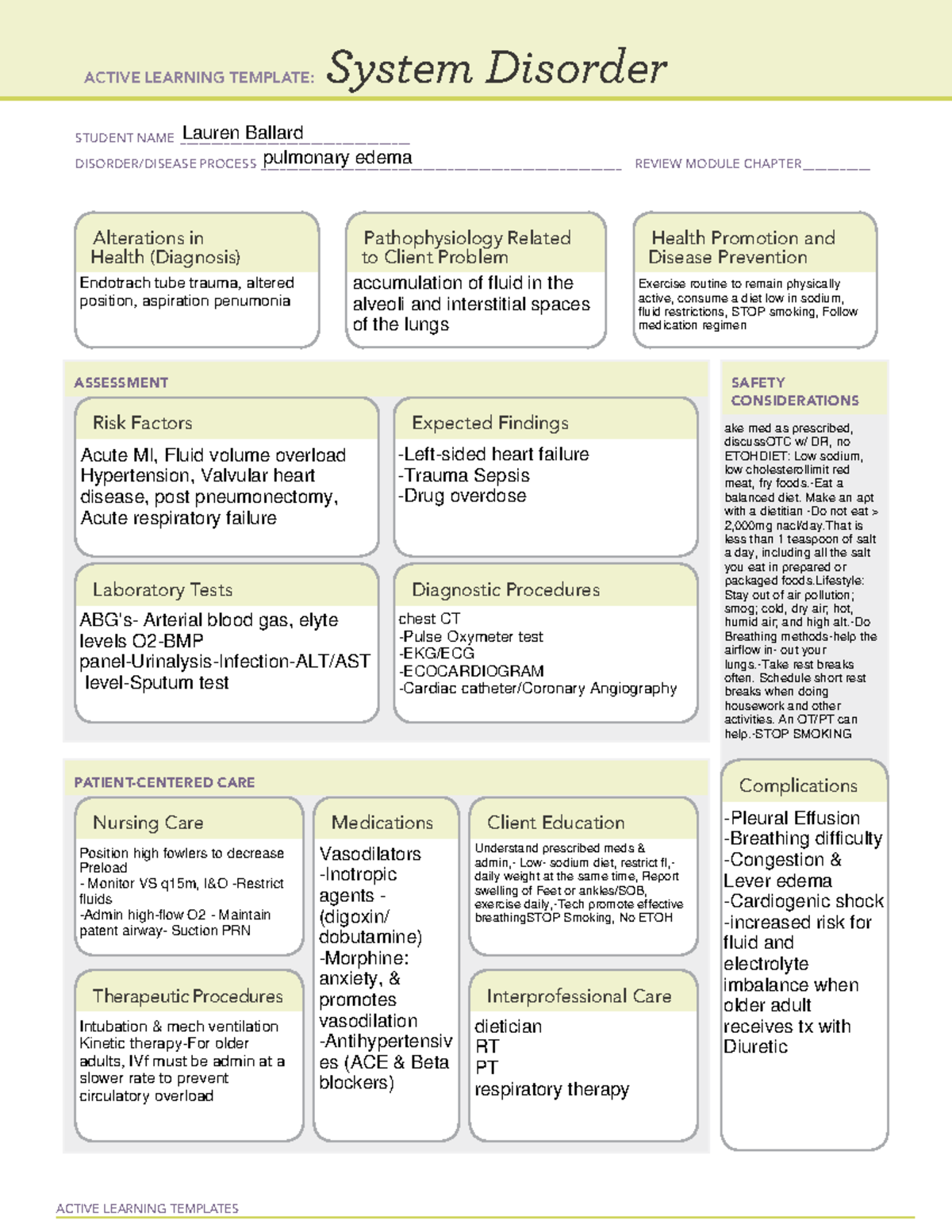 ATI System Disorder: Pulmonary Edema Active Learning Template - Studocu