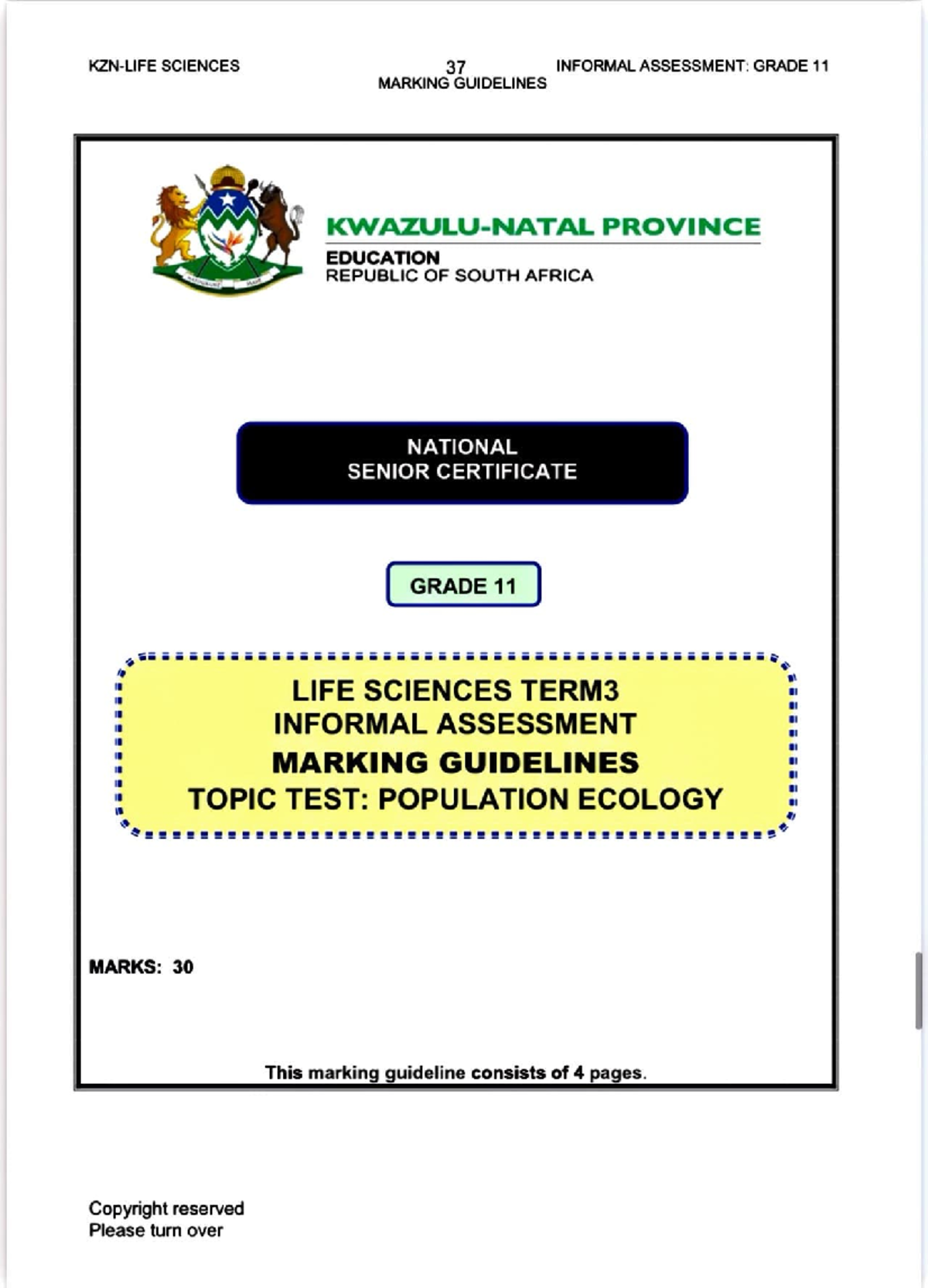 KZN-LIFE SCIENCES 37 Grade 11 Population Ecology Test Memo - Studocu