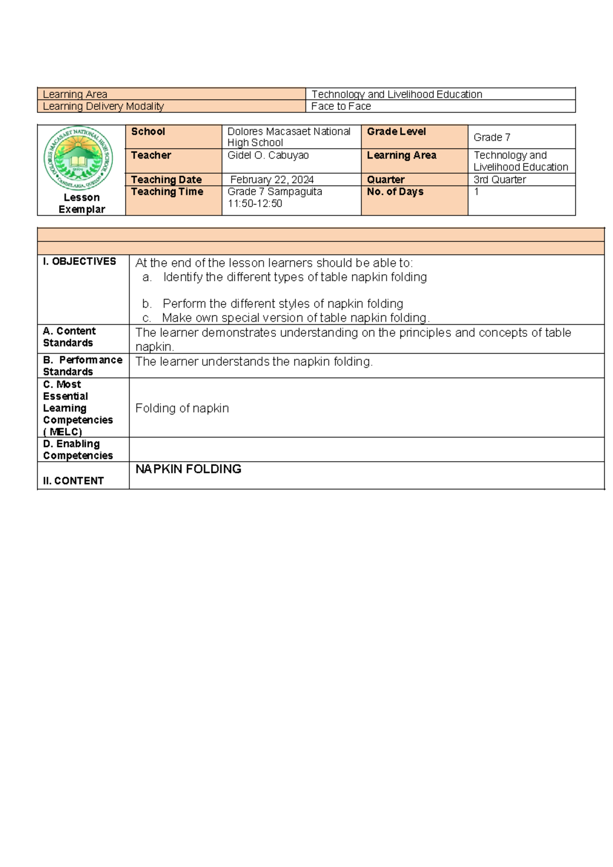 Table napkin - Learning Area Technology and Livelihood Education ...