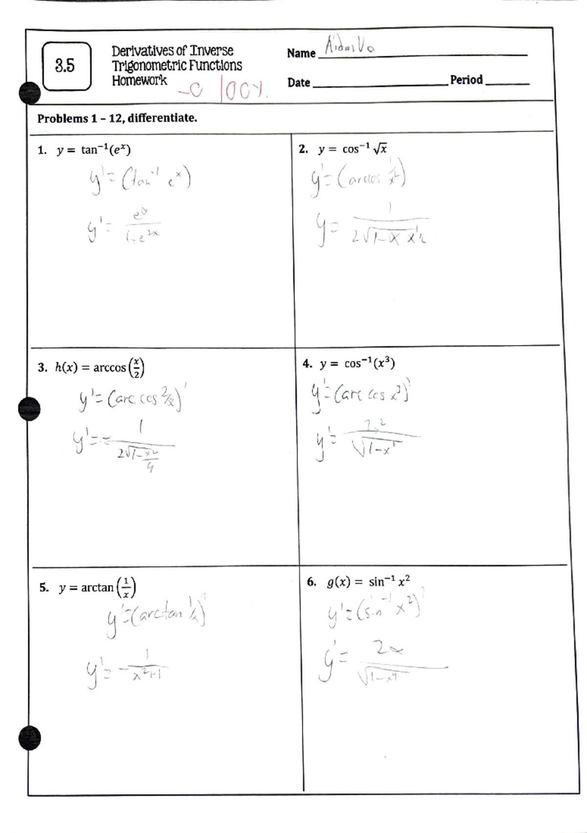 MATH 3.5 - Homework on Derivatives of Inverse & Trigonometric Functions ...