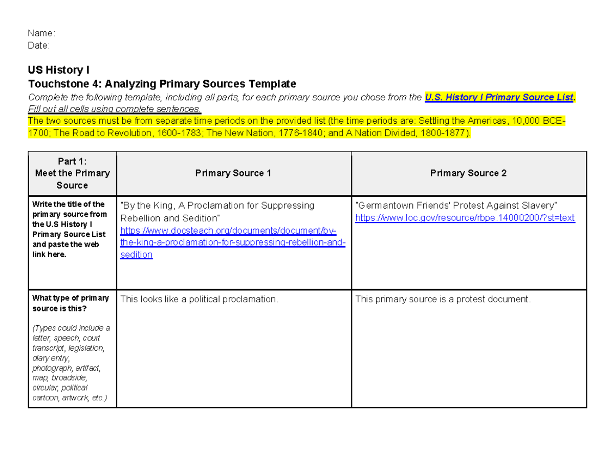 US History I Touchstone 4: Analyzing Primary Sources Template - Studocu