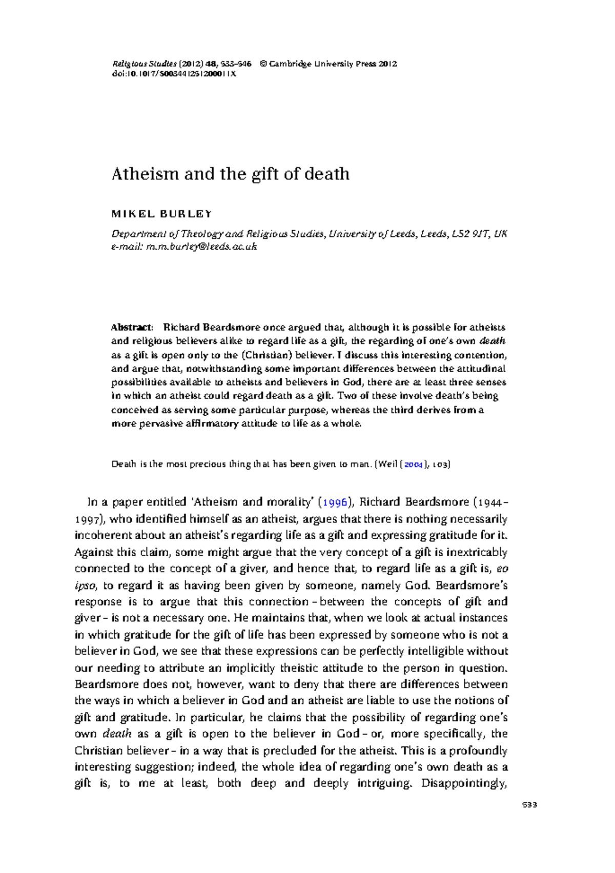 Atheism and the Gift of Death: A Philosophical Exploration (RES1200011 ...