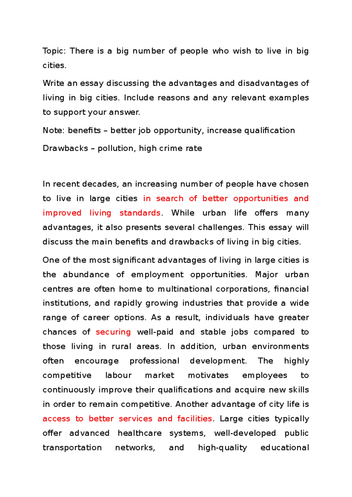 Living in Big Cities: Advantages & Disadvantages - Essay Notes - Studocu