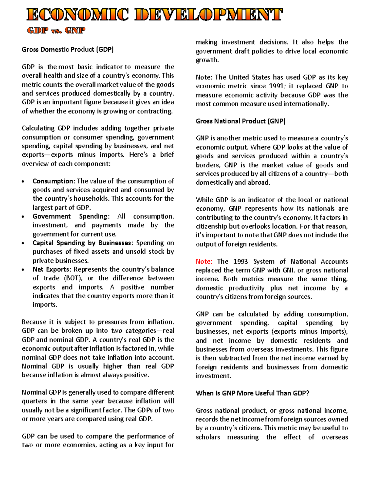 ECON. DEV. Review: Understanding GDP and GNP Differences - Studocu