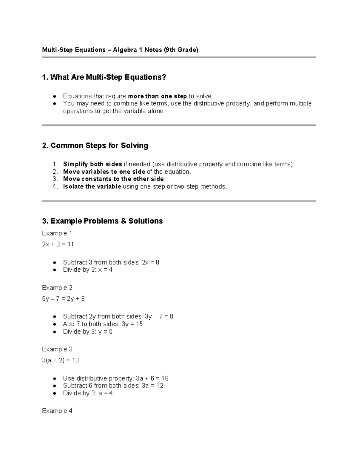 Algebra 1: Multi-Step Equations Notes (9th Grade) - Studocu