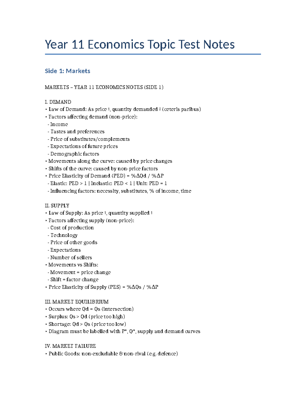 Y11 Economics Topic Test Notes: Markets Overview and Key Concepts - Studocu