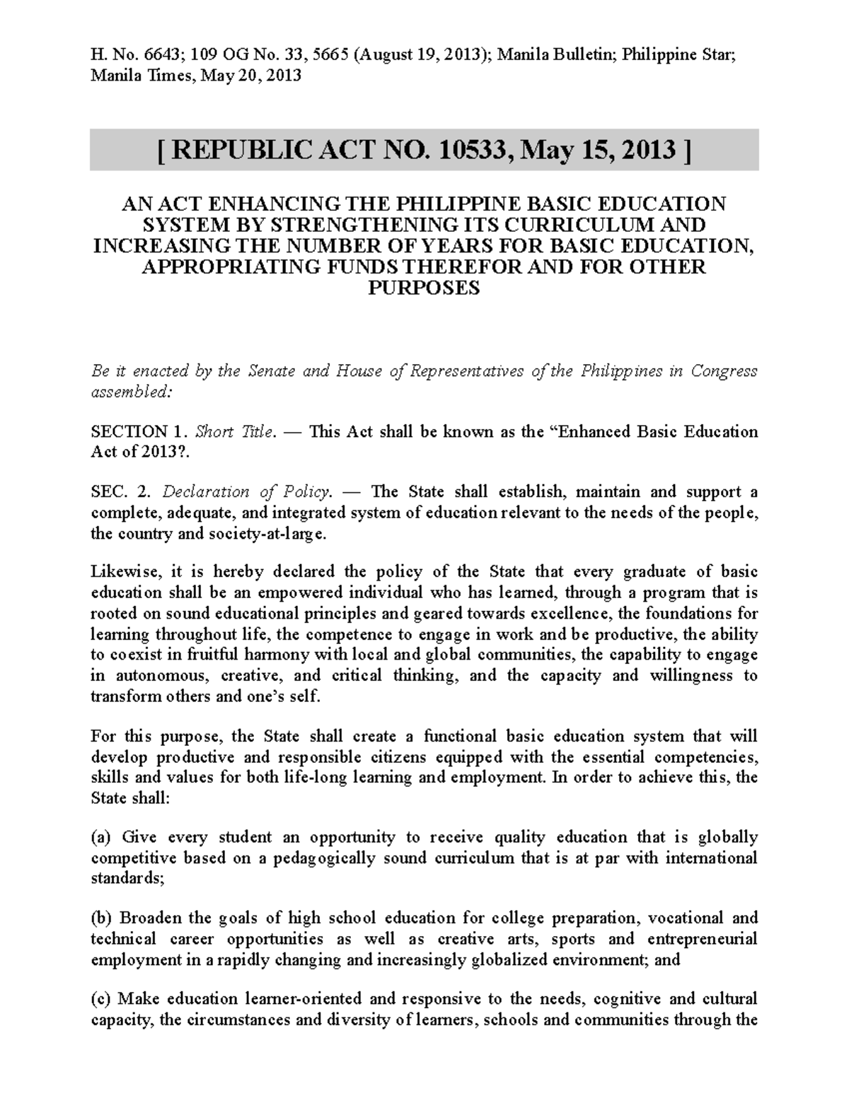 Republic Act No. 10533: Enhancing the Philippine Basic Education System ...