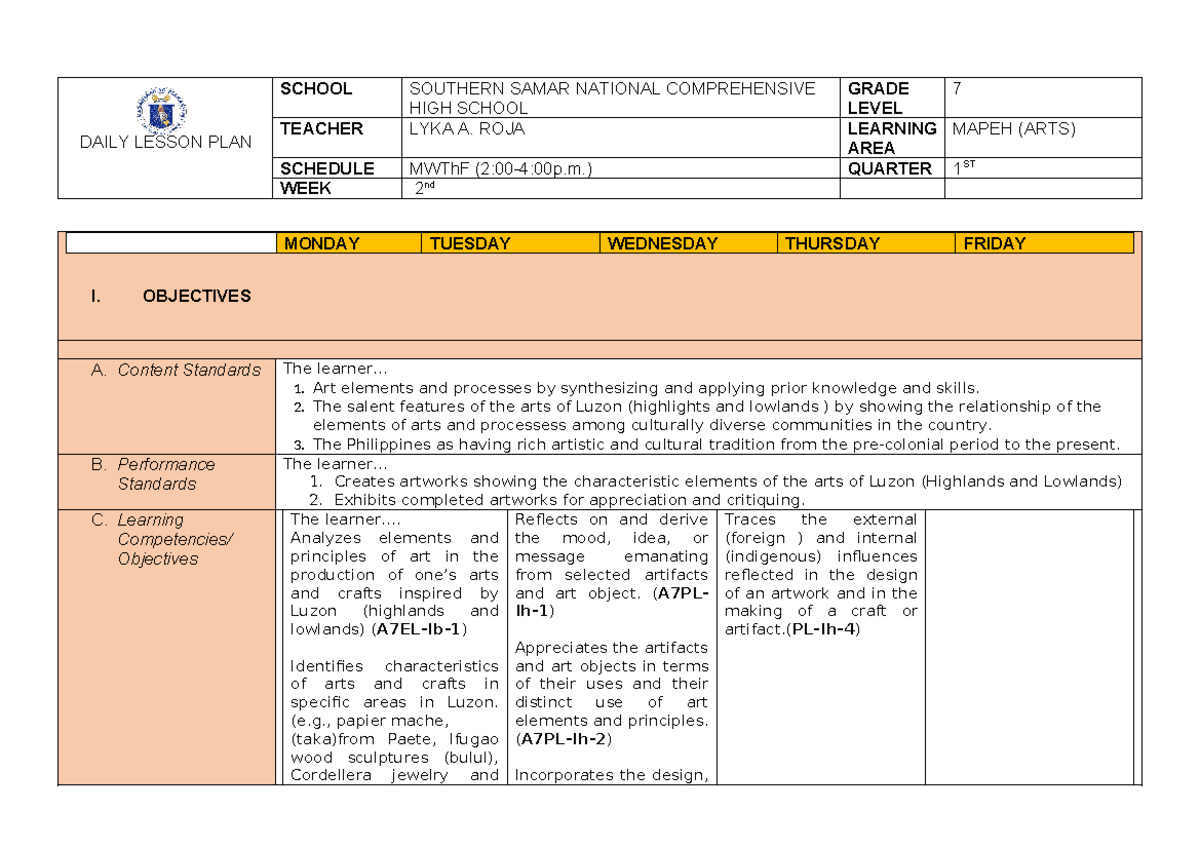 Grade 7 MAPEH DLP: Arts Lesson Plan Week 2 - Studocu