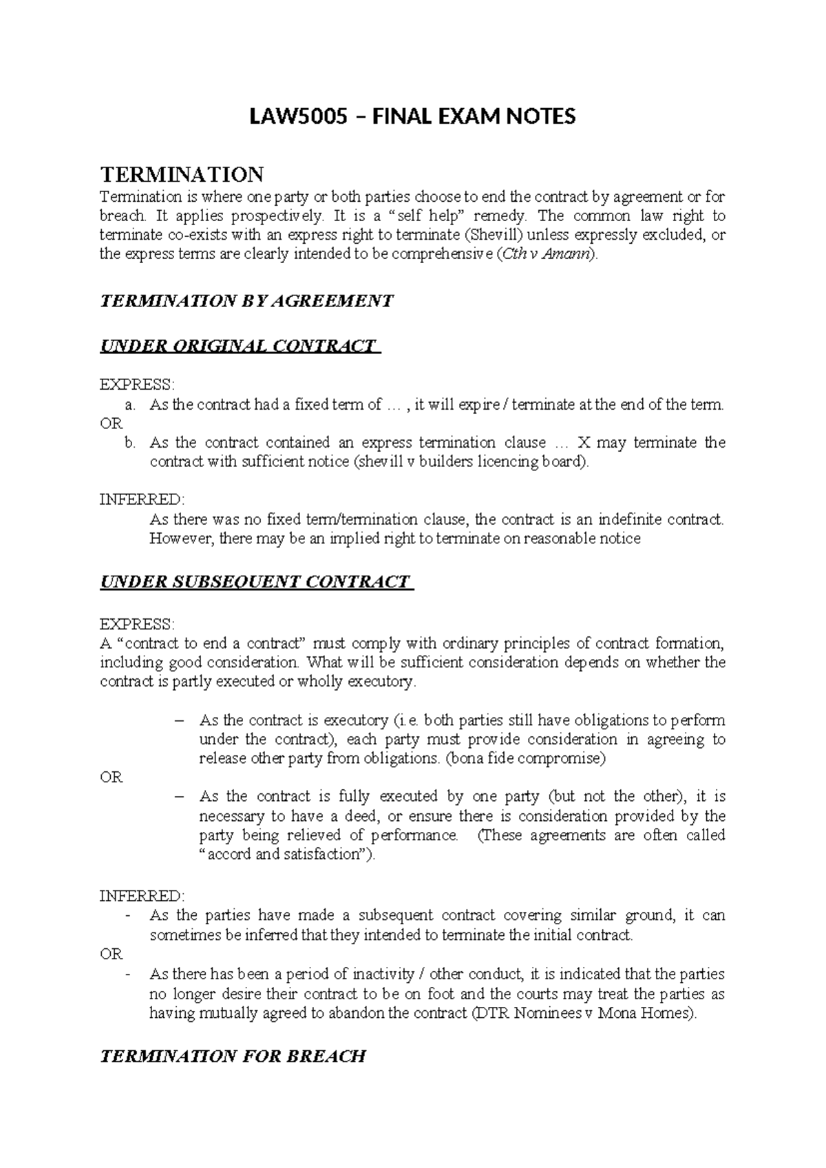 Law5005 - Final Exam Notes on Termination and Breach of Contract ...