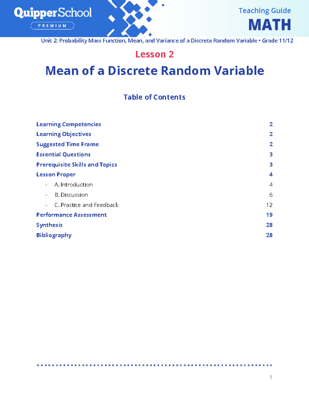 Unit 2: PMF, Mean, and Variance of Discrete Random Variables - Grade ...