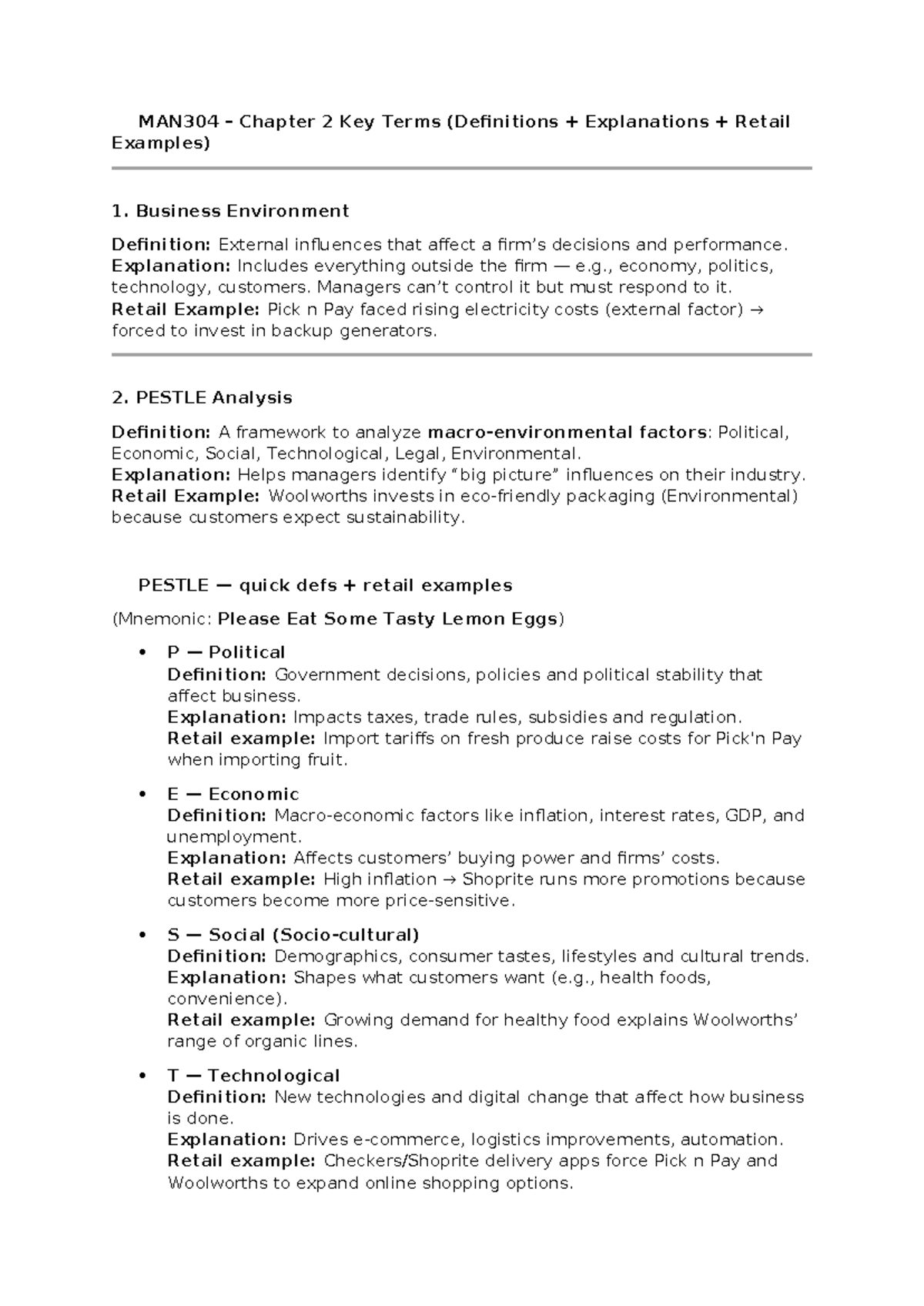 MAN304 Chapter 2 Study Notes: Key Terms & Retail Examples - Studocu