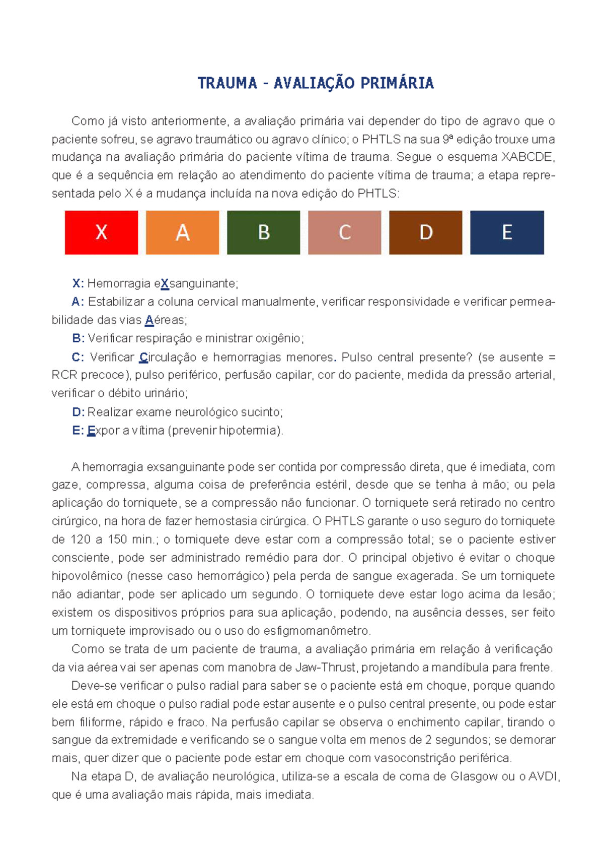 Avaliação Primária do Trauma - PHTLS 9ª Edição (Aula 2022) - Studocu