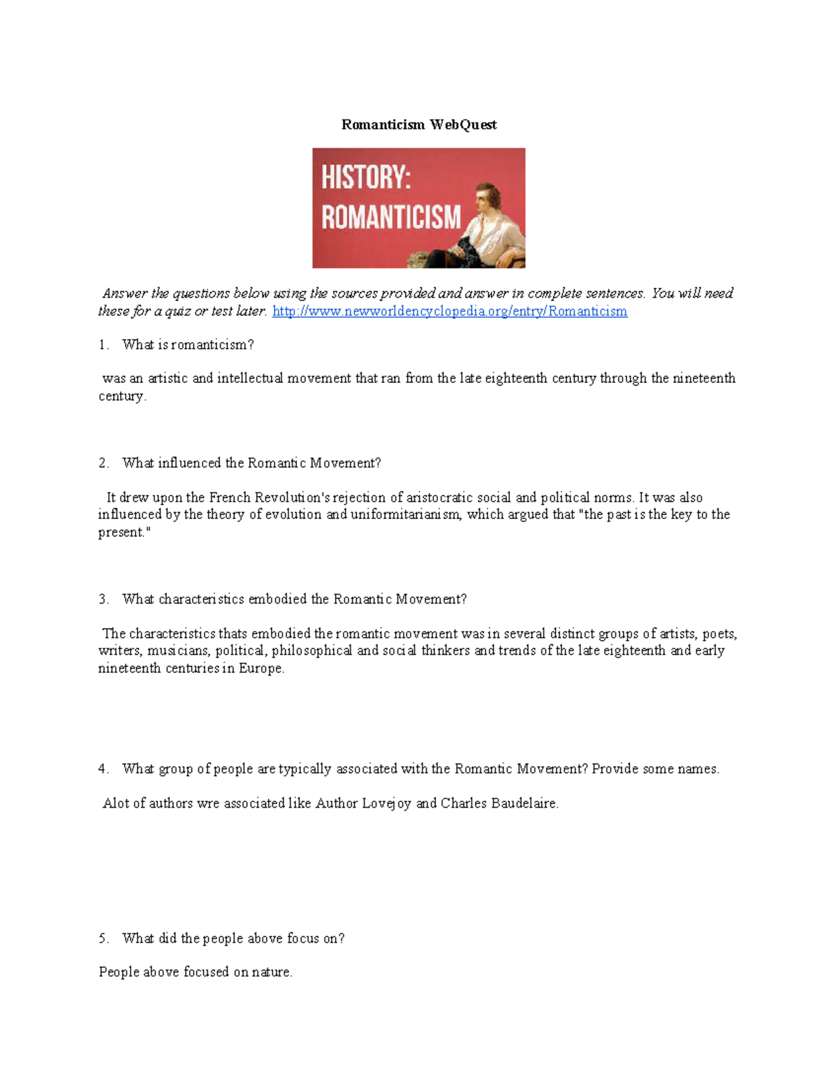 Romanticism Web Quest: Key Concepts & Figures for Quiz Preparation ...