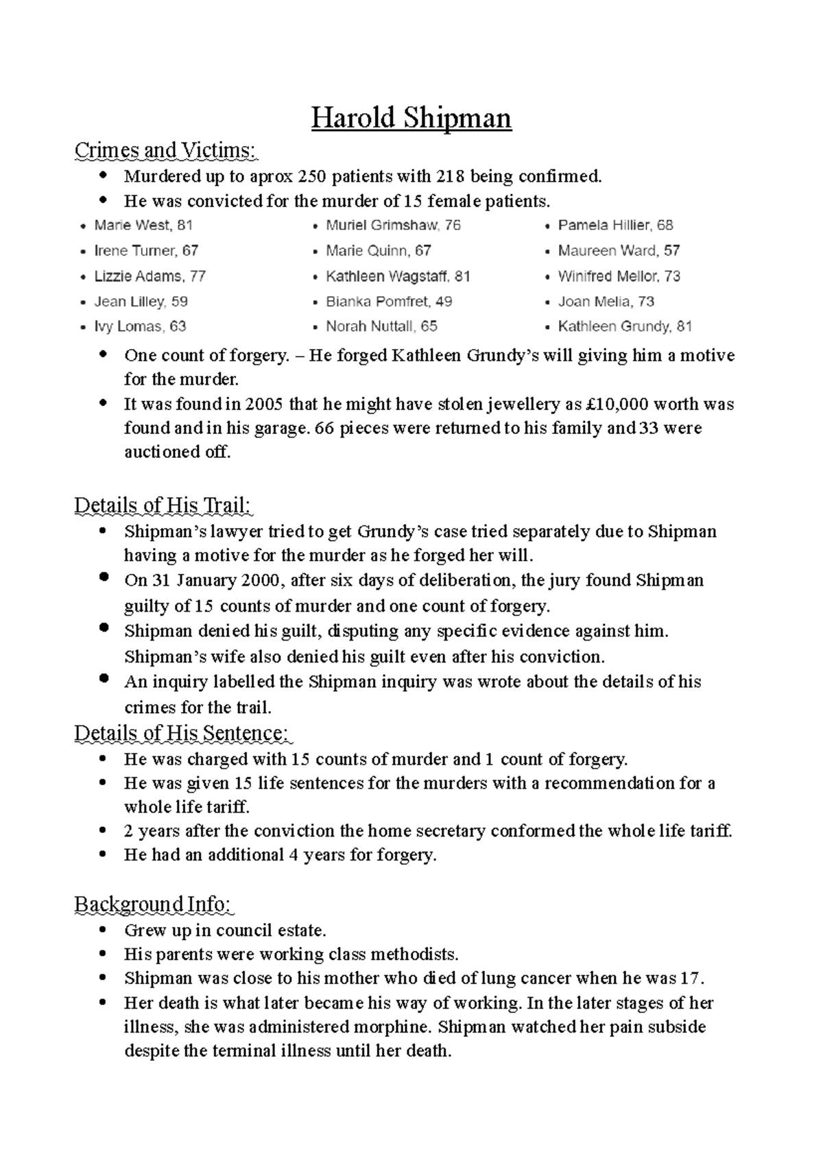 Harold Shipman: Crimes, Conviction, and Life Sentences Analysis - Studocu
