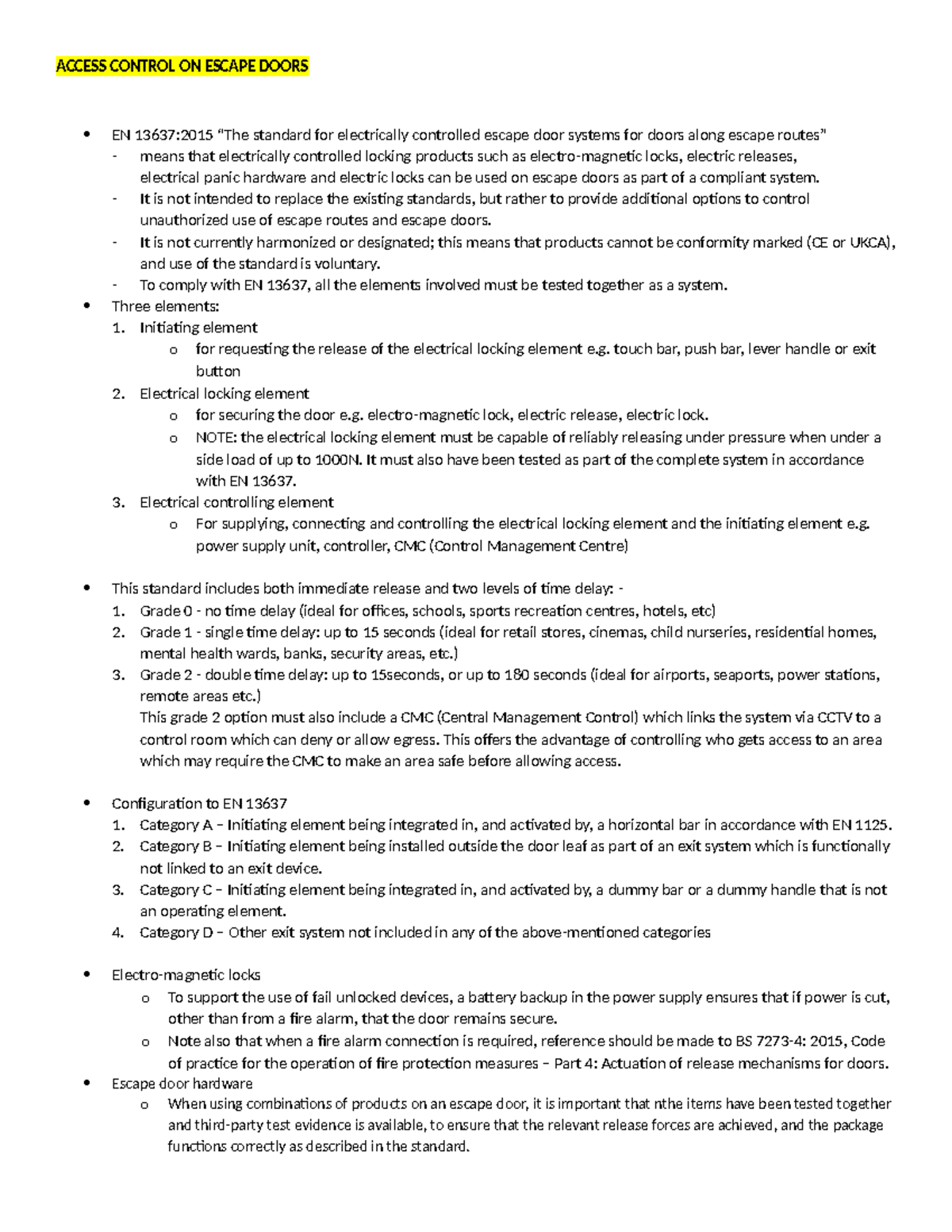 EN 13637:2015 Access Control on Escape Doors - School Notes - Studocu