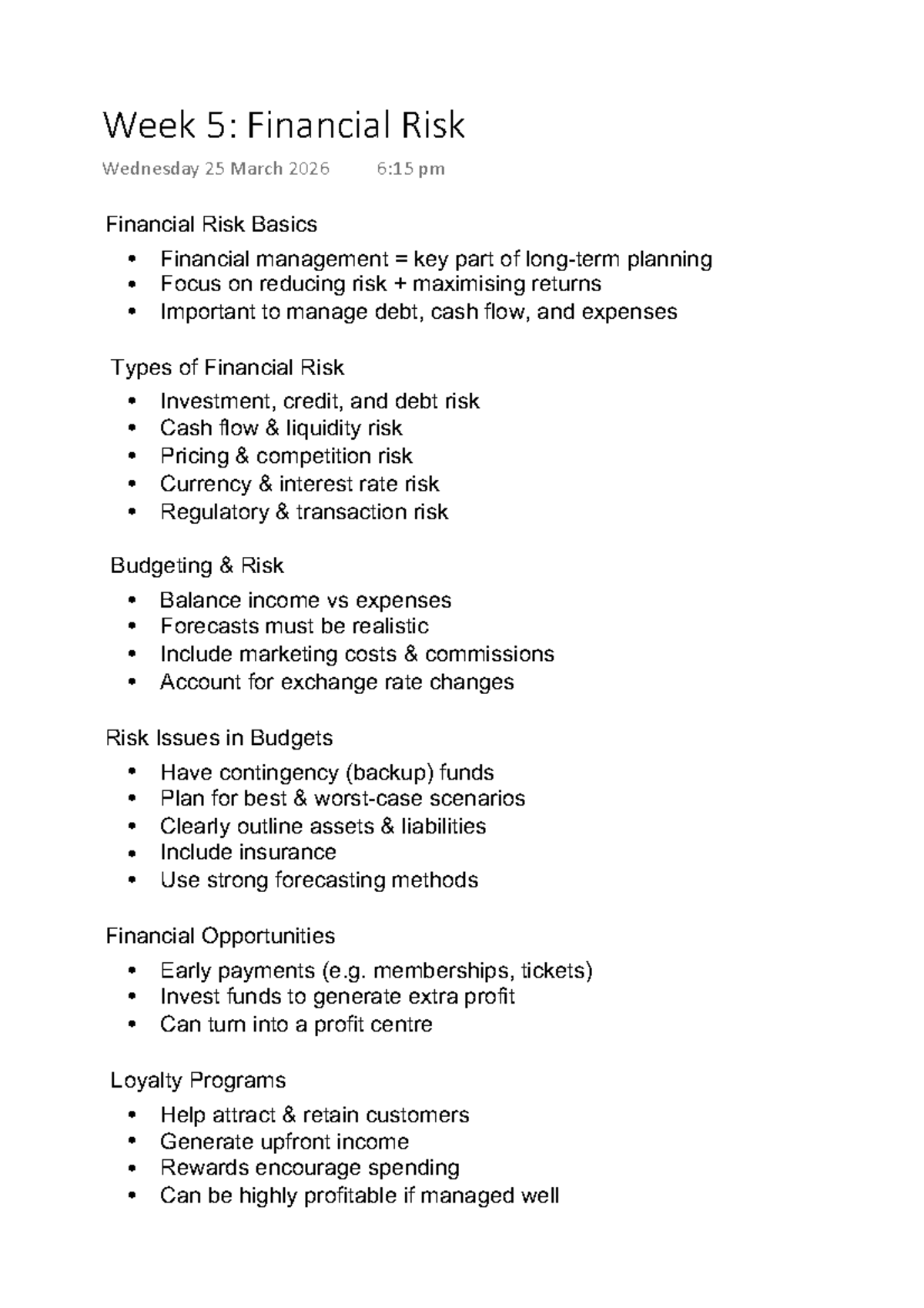 Week 5 Financial Risk - Class Notes Overview - Studocu
