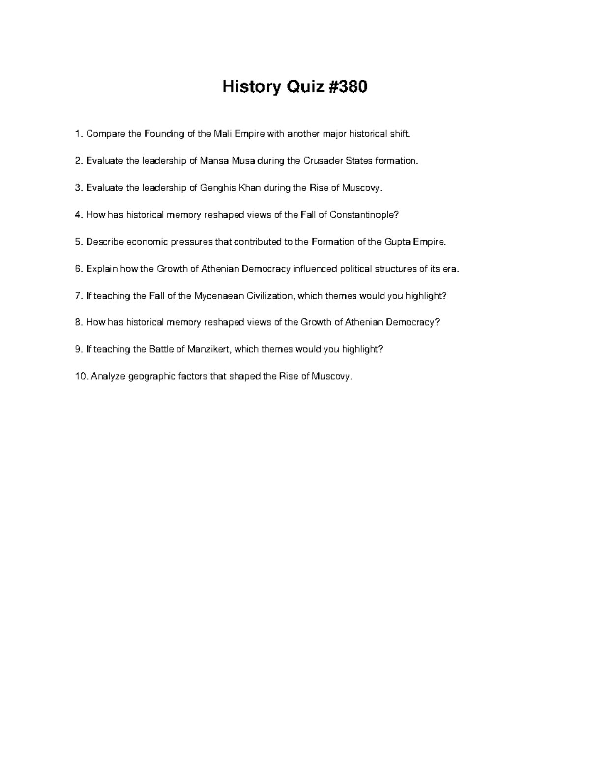 History Quiz 380: Key Historical Comparisons and Evaluations - Studocu