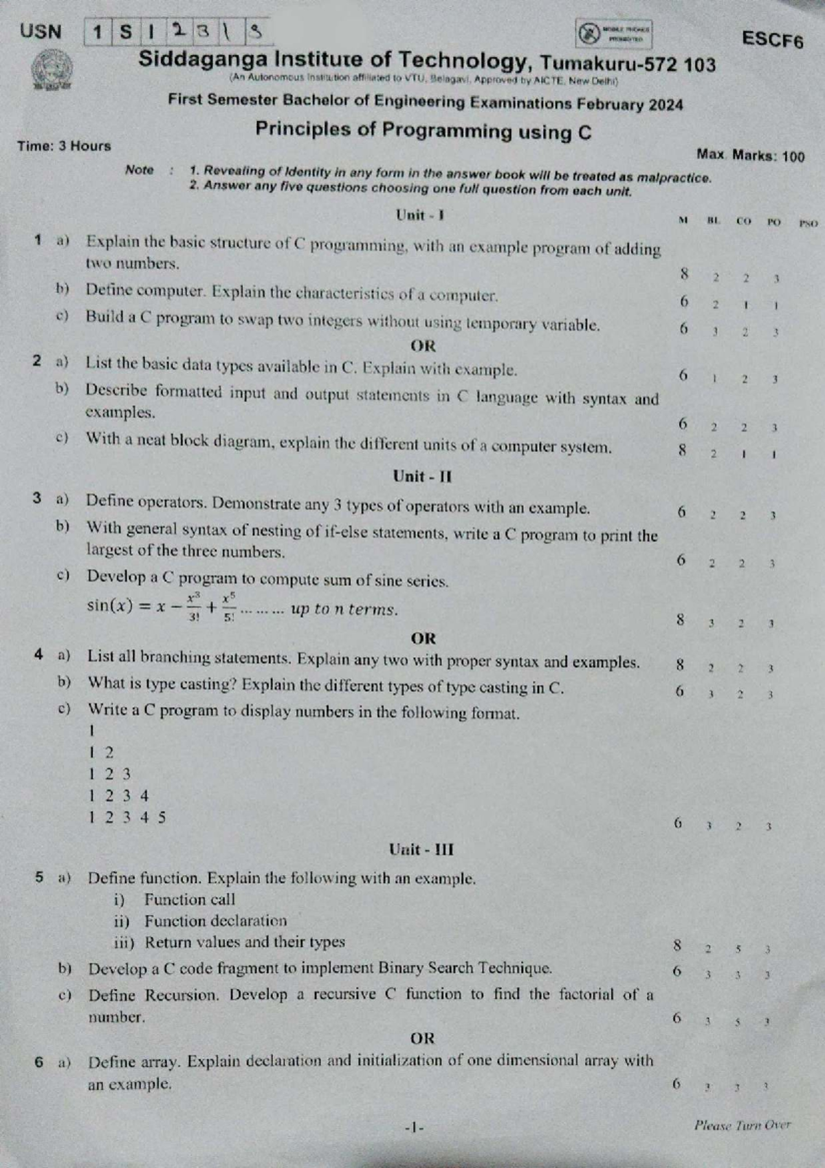 USN 1512313 POP Final Exam QP - Feb 2024 - C Programming - Studocu