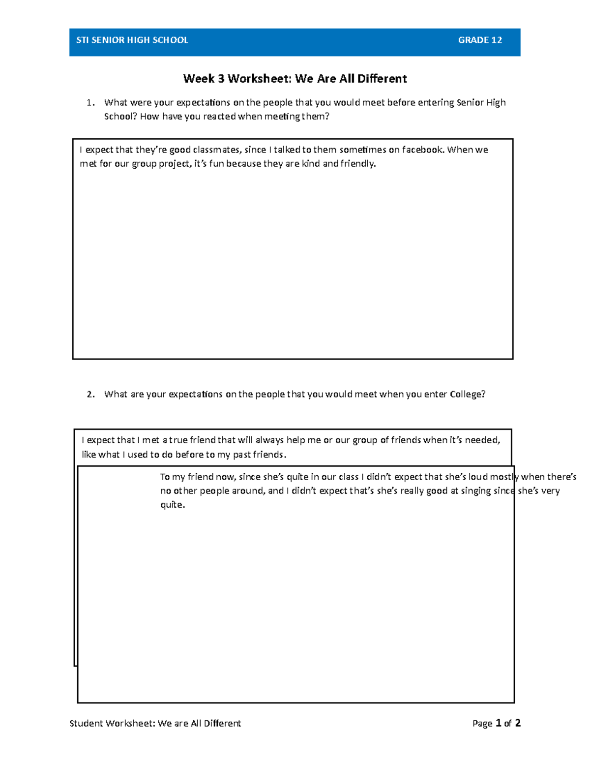 G12 W7 We Are All Different - Week 3 Worksheet: We Are All Different ...
