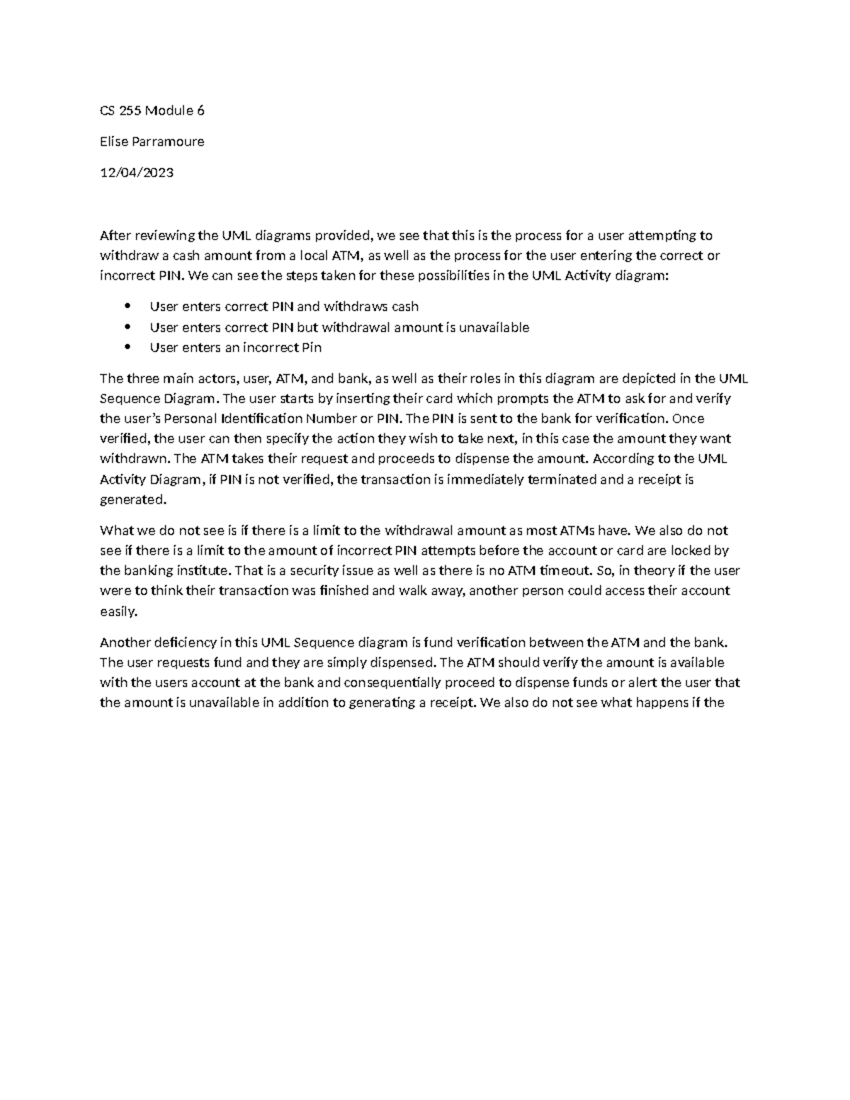 CS 255 Module 6 - UML Diagrams Analysis for ATM Processes - Studocu