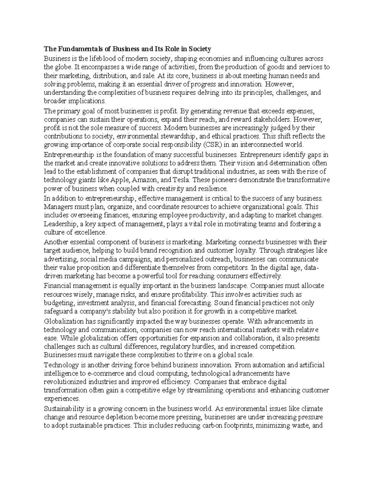 Fundamental Role of Business in Modern Society and Its Impact - Studocu