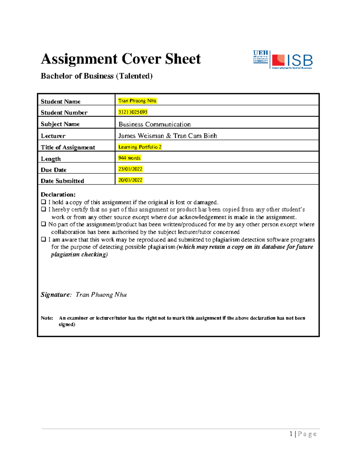 LP2 James Weisman Cam Binh - 1 | P a g e Assignment Cover Sheet ...
