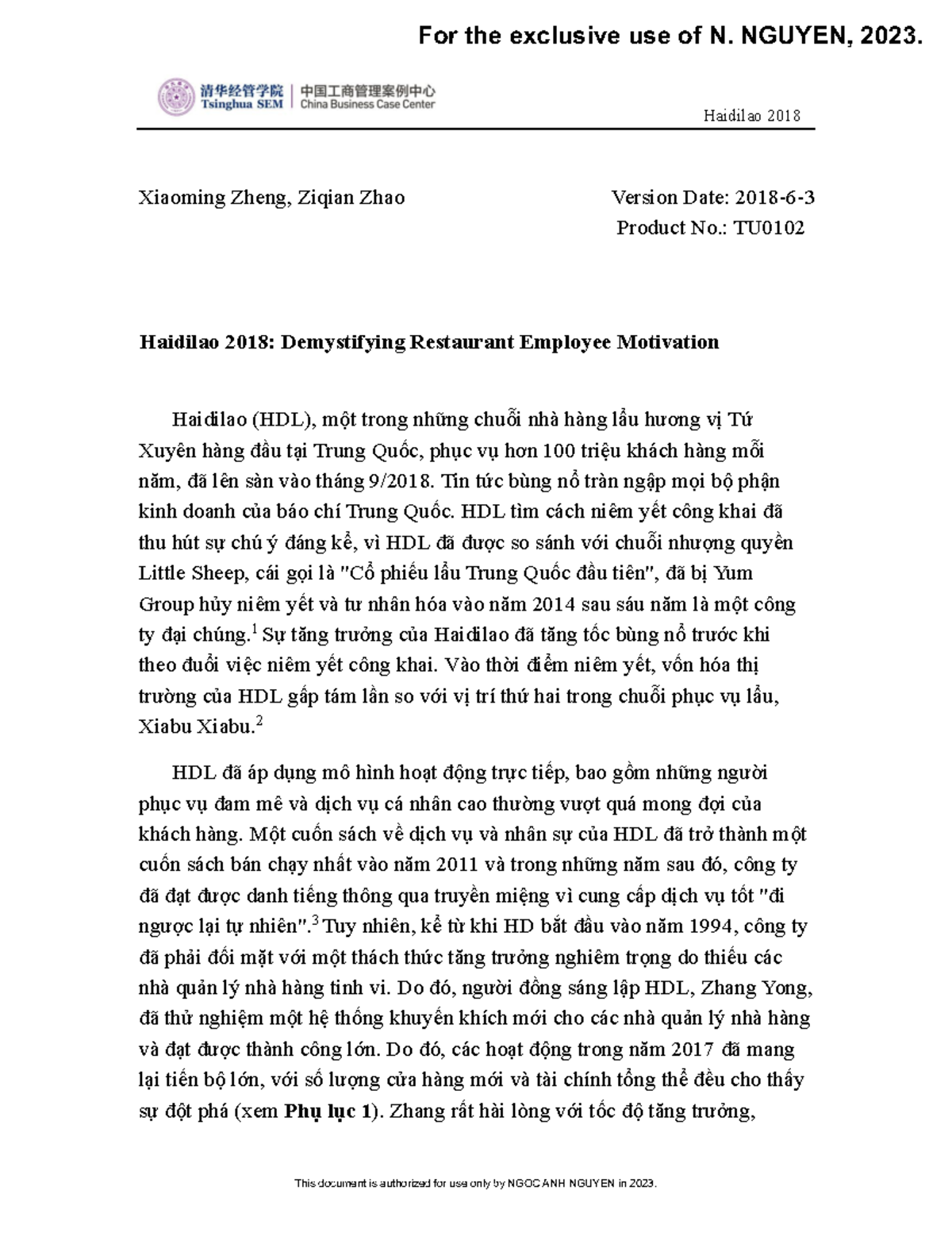 Haidilao 2018: Khám Phá Động Lực Nhân Viên Trong Nhà Hàng - Studocu