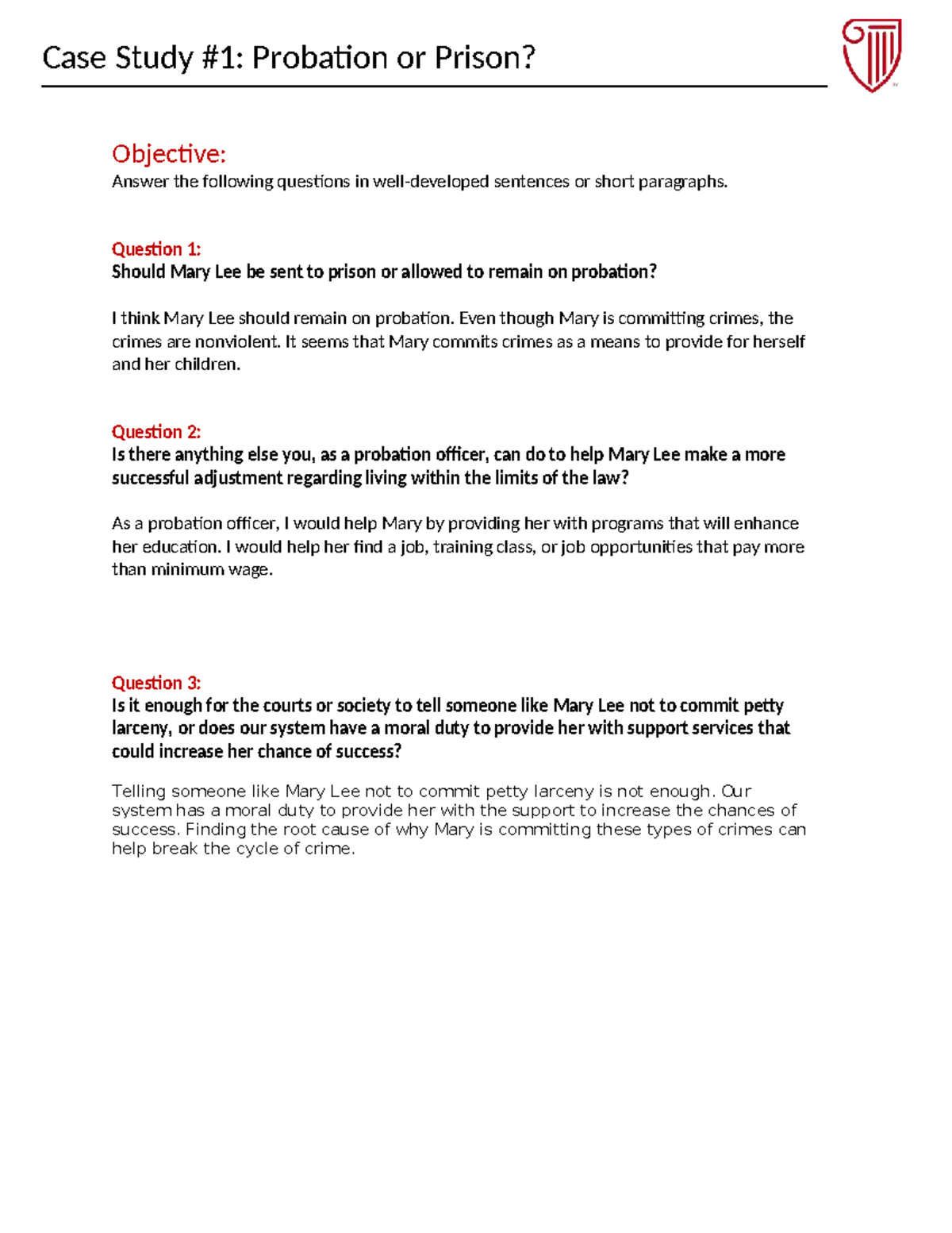 CRJ220 Case Study: Probation vs. Prison for Mary Lee - Studocu