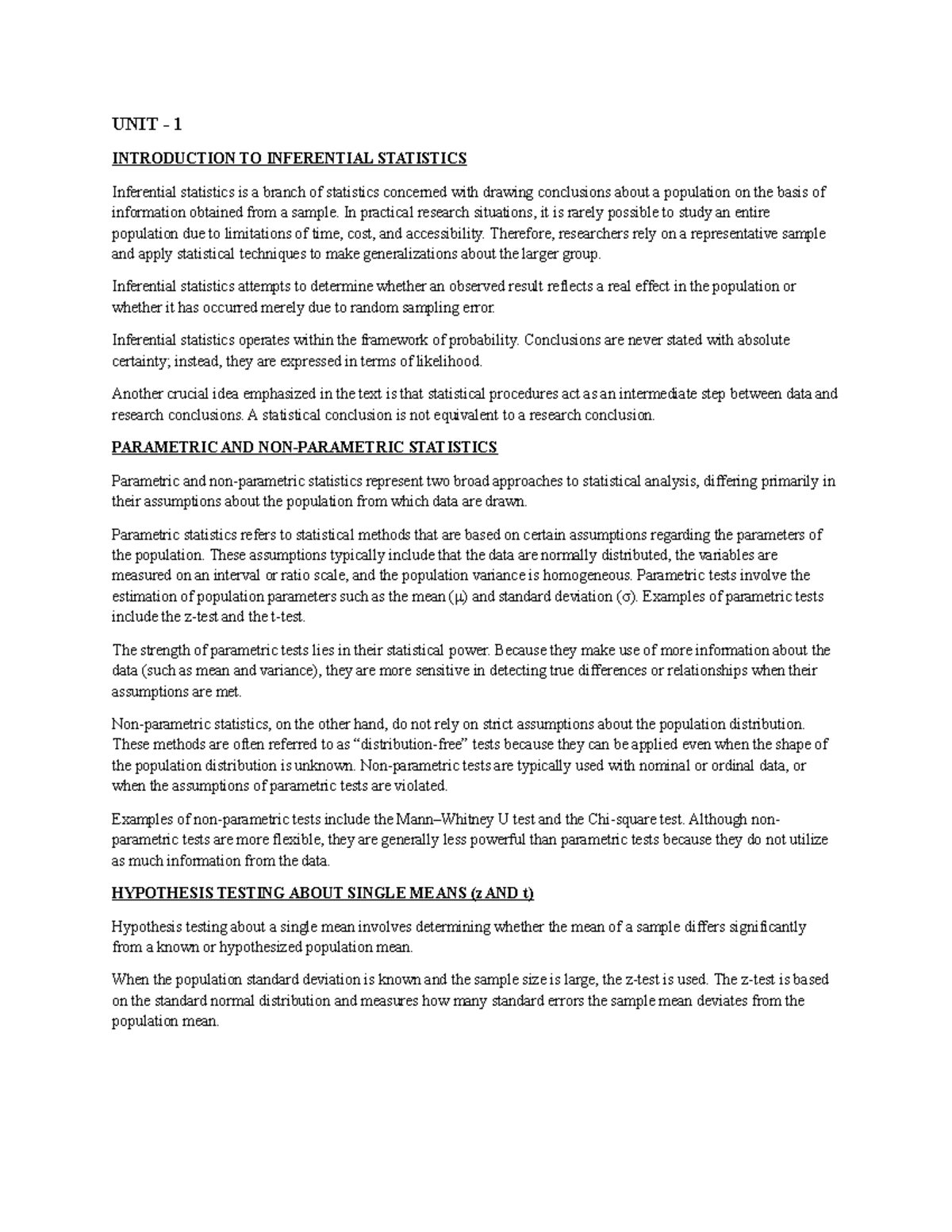 UNIT 1: Introduction to Inferential Statistics and Hypothesis Testing ...