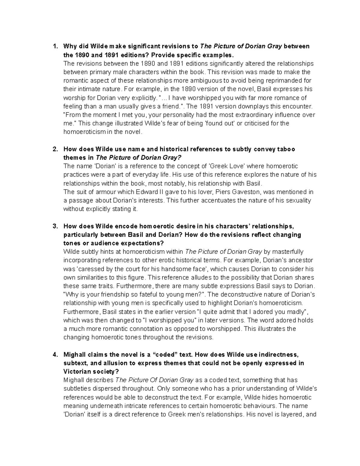 The Picture of Dorian Gray (ENG 101) Revision Questions and Analysis ...