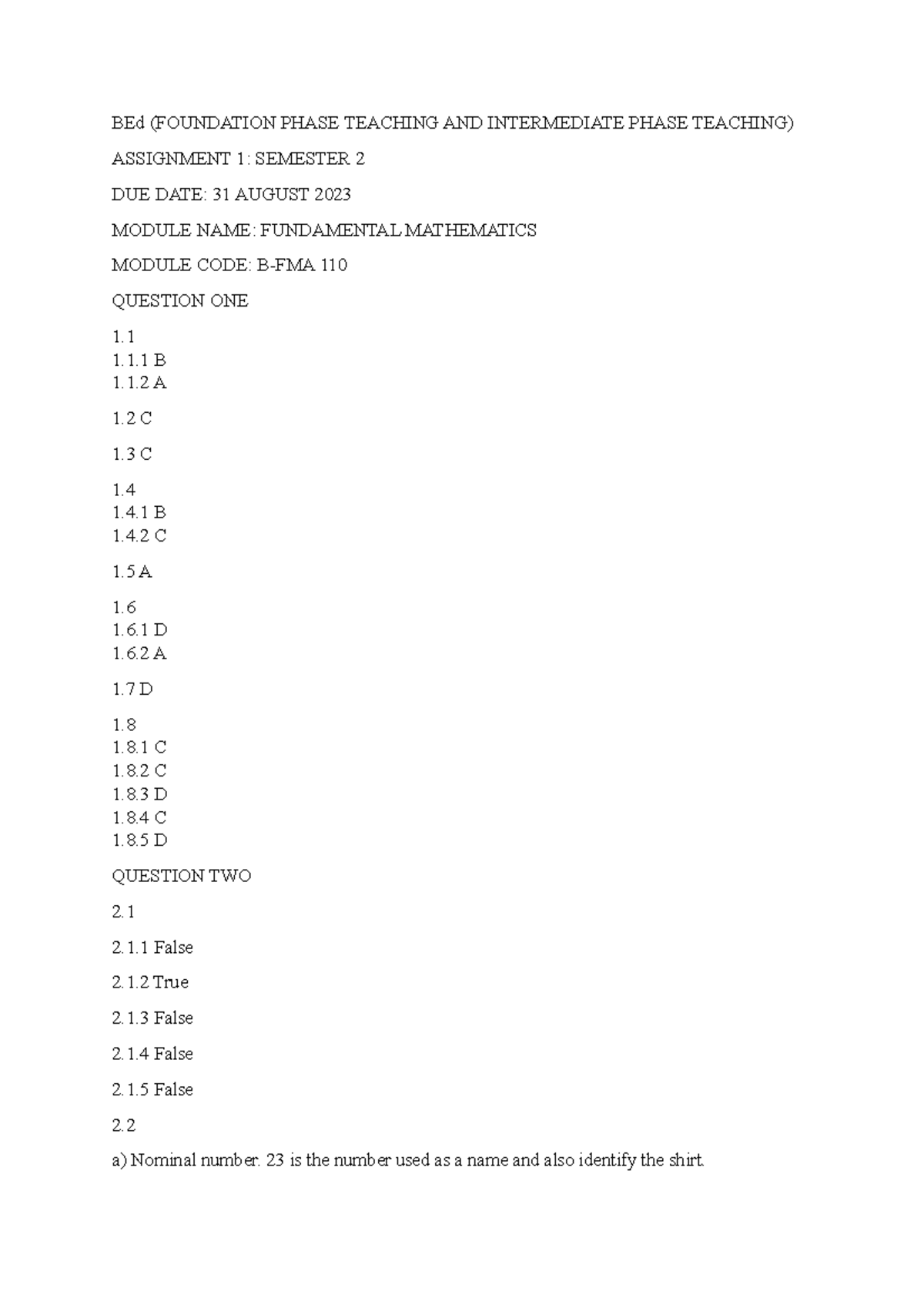 B-FMA 110 MEMO - ASSESSMENT ANSWERS - BEd (FOUNDATION PHASE TEACHING AND INTERMEDIATE PHASE ...