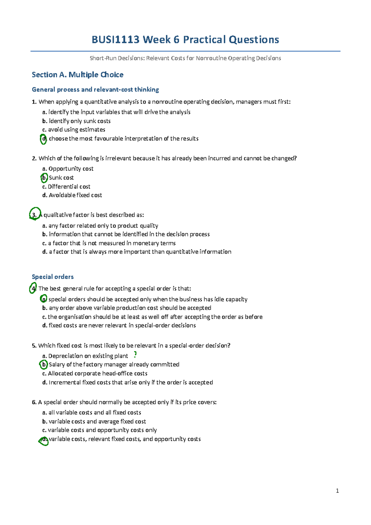 BUSI1113 Week 6 Practical Questions: Relevant Costs in Decision Making ...