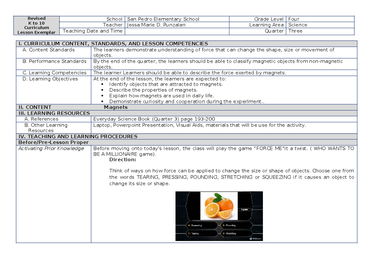 K to 10 Curriculum Lesson Plan: Science for Grade 4 (Q3) - Studocu