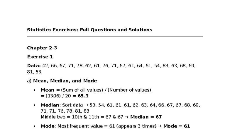 Statistics Exercises: Full Questions and Solutions (Chapter 1) - Studocu
