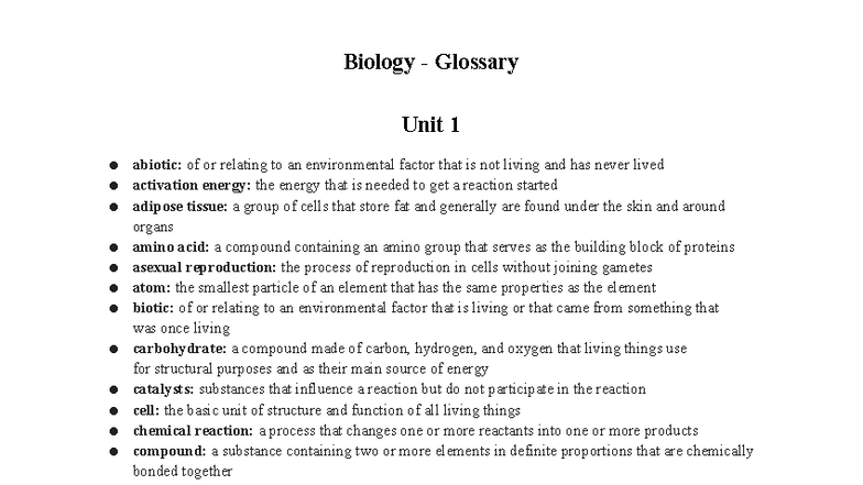 Biology Glossary: Key Terms and Definitions for Units 1-8 - Studocu