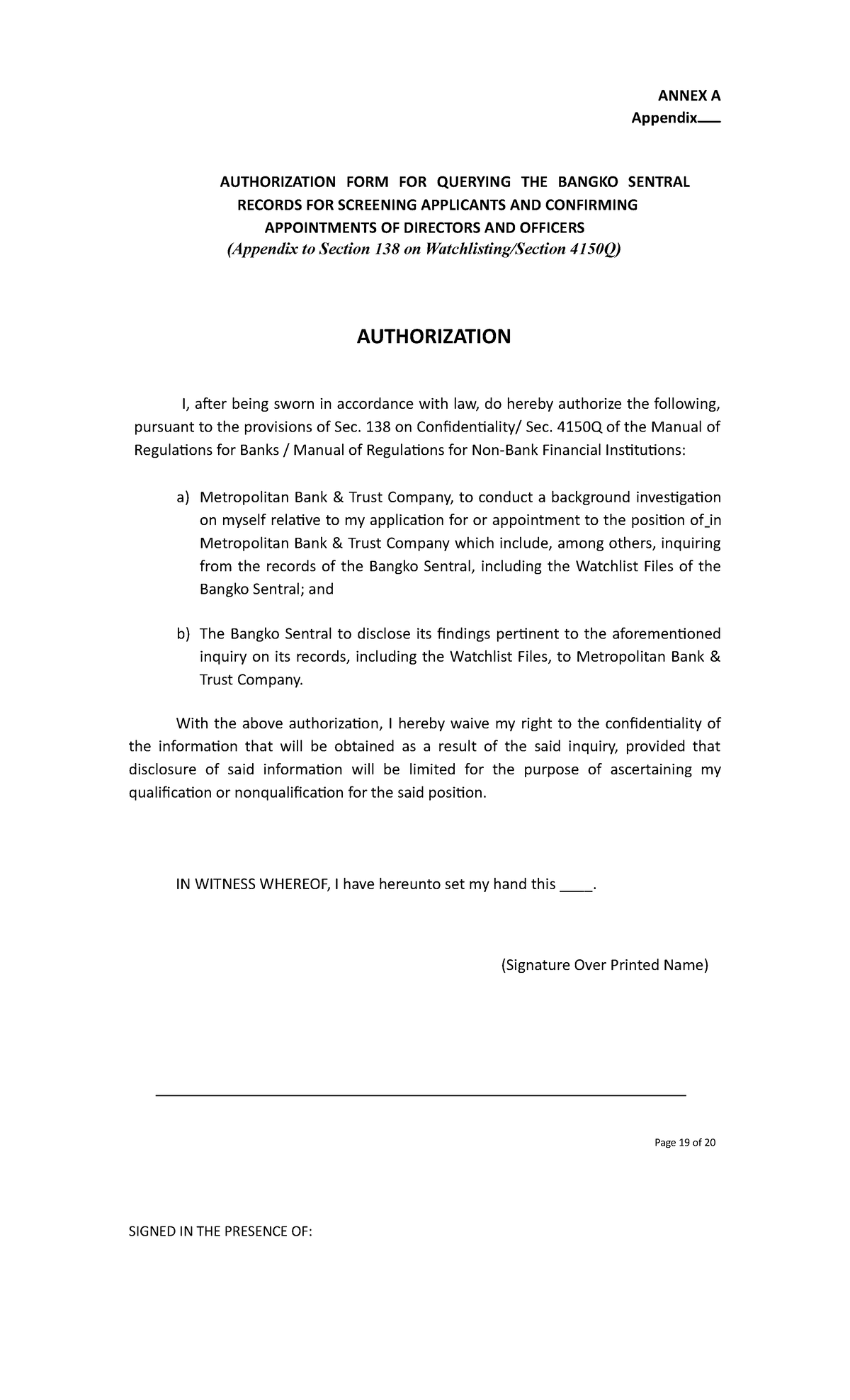 BSP Circular 1076 Annex A: Auth Form for Querying Records - Studocu