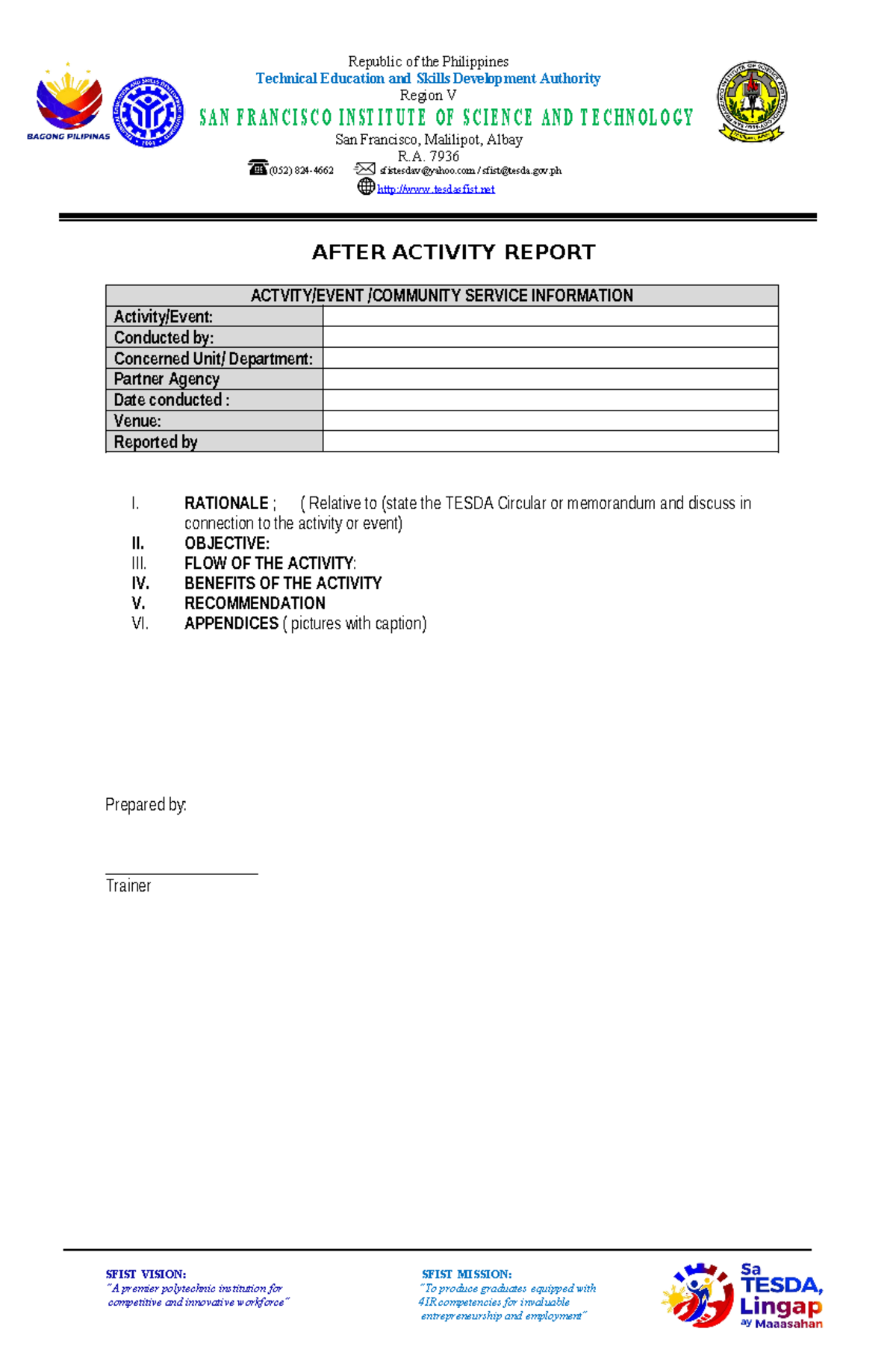 After Activity Report for Community Service - TESDA R.A. 7936 - Studocu