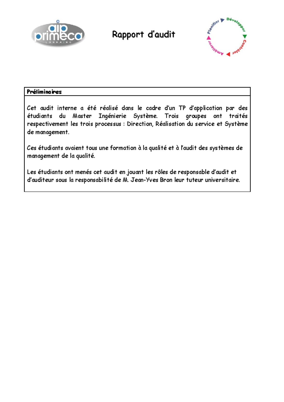 Audit Interne ISO 9001: Rapport d'Audit de l'AIP-PRIMECA LORRAINE - Studocu