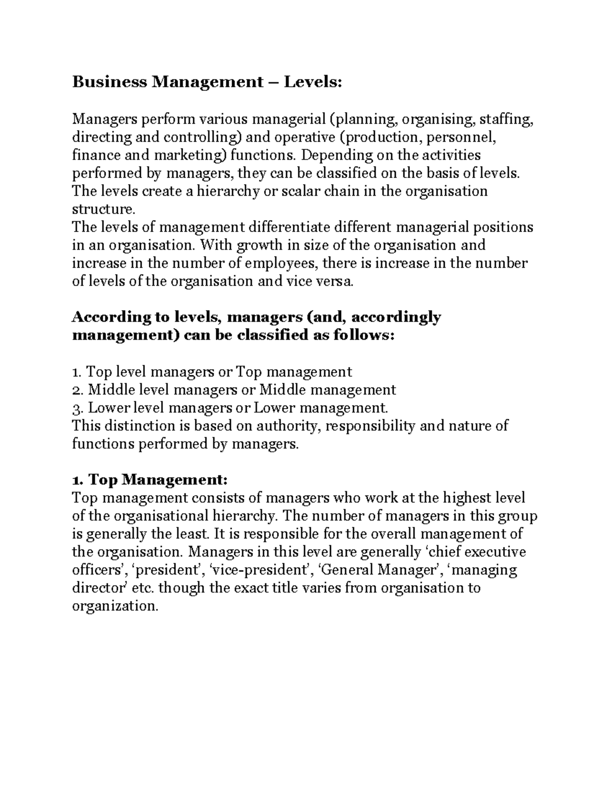 Business Management (BM-101): Levels of Management Explained - Studocu