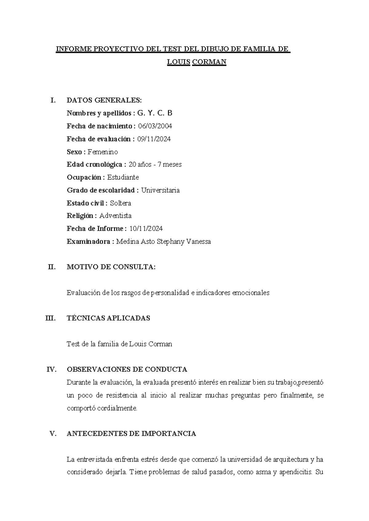 Informe del Test de la Familia de Louis Corman - Evaluación Psicológica ...